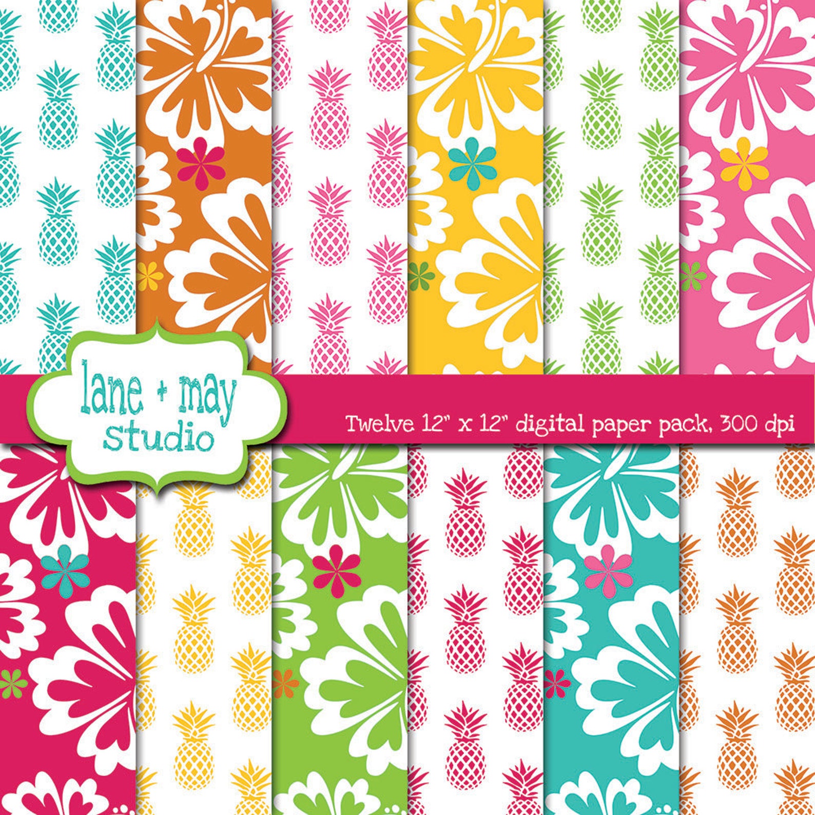 Digital Scrapbook Papers Luau Party / Baby Shower Pineapple and ...