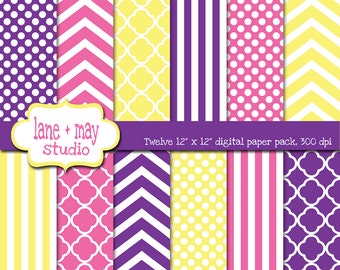 Pink, Yellow and Green Printable Digital Papers With Stripes ...