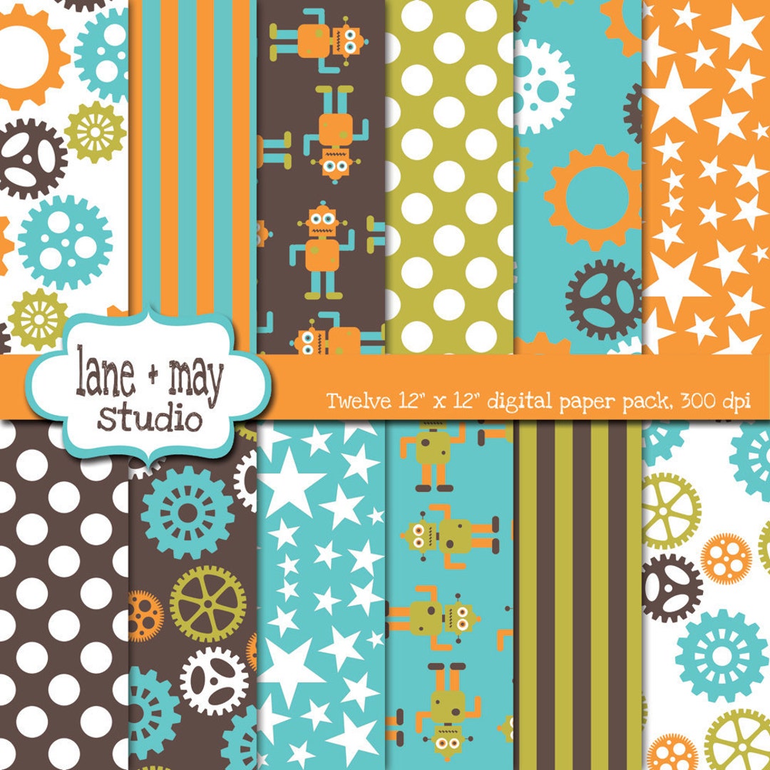 Digital Papers - Robot and Gear Theme Patterns in Orange, Blue, Green ...