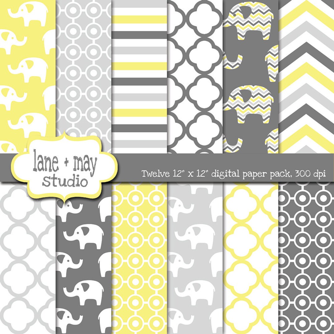 Digital Papers - Elephant Theme, Yellow and Gray Patterns - INSTANT ...
