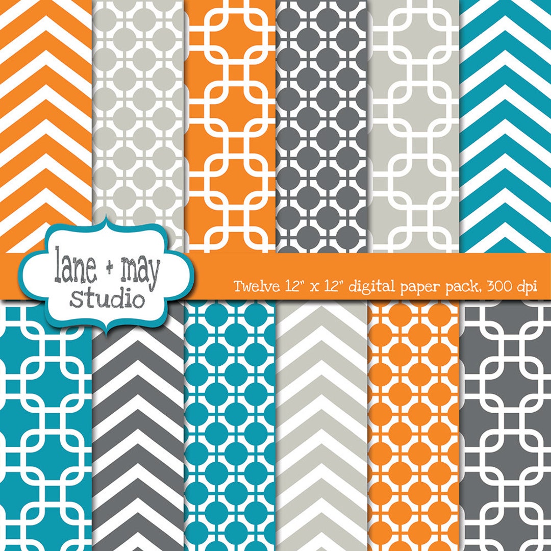 Digital Scrapbook Papers - Orange, Blue and Gray Modern Geometric ...