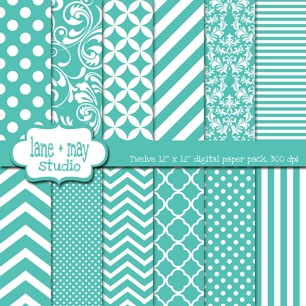 Digital Scrapbook Papers - Aqua Blue / Teal Green and White Pattern ...
