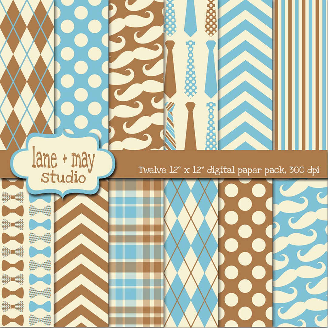 Digital Scrapbook Papers - Blue and Brown Little Man / Mustache Themed ...