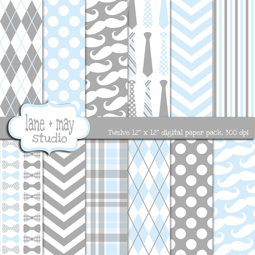 Digital Scrapbook Papers - Gray and Baby Blue Little Man / Mustache ...