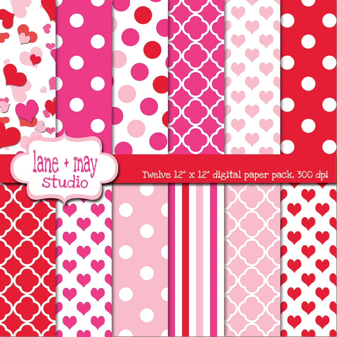 Digital Scrapbook Papers Hot Pink and Red Valentine's Day Hearts, Polka ...