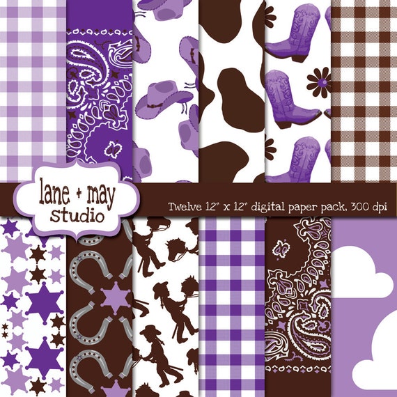Digital Papers Purple White and Brown Cowgirl Party Themed - Etsy
