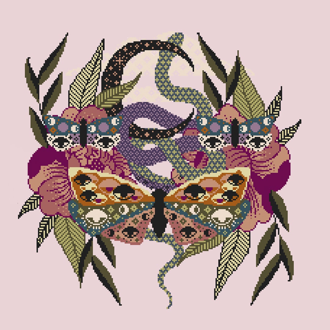 DIGITAL PATTERN Floral Snake & Moth Cross Stitch Design - Floral ...