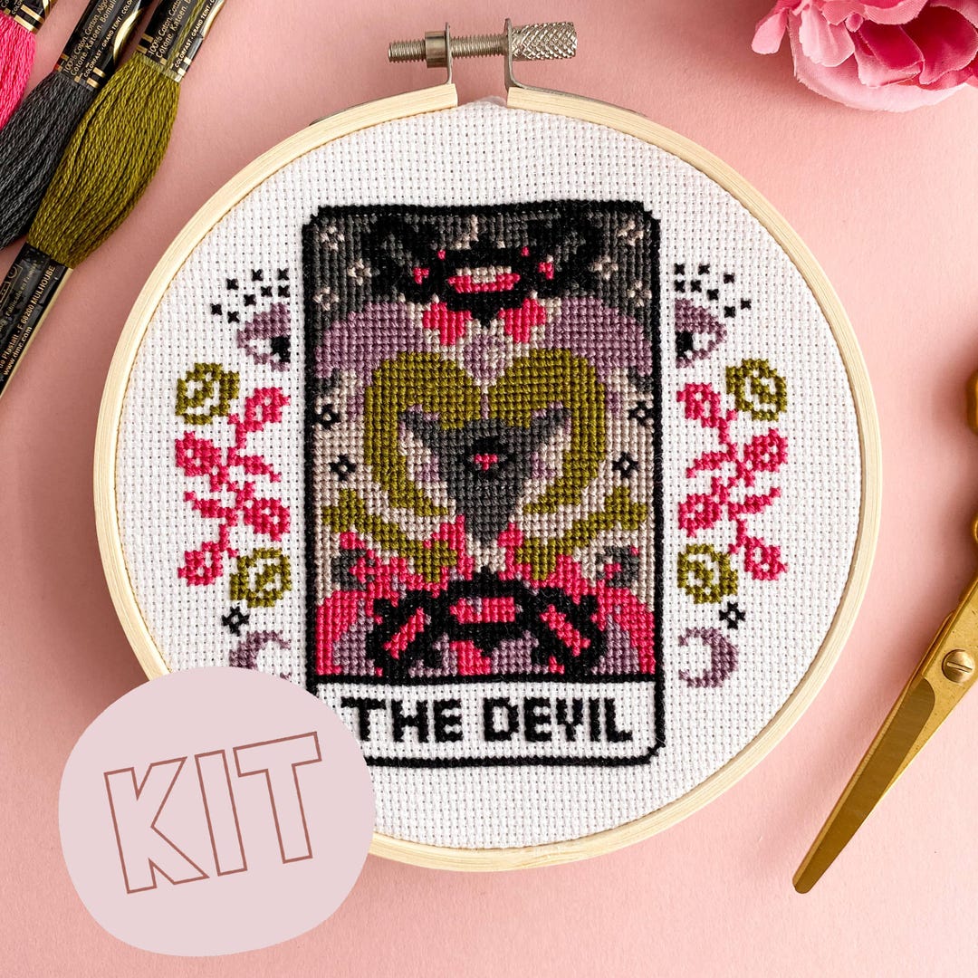 The Devil Tarot Card Modern Cross Stitch Kit - Moon Stars Floral ...