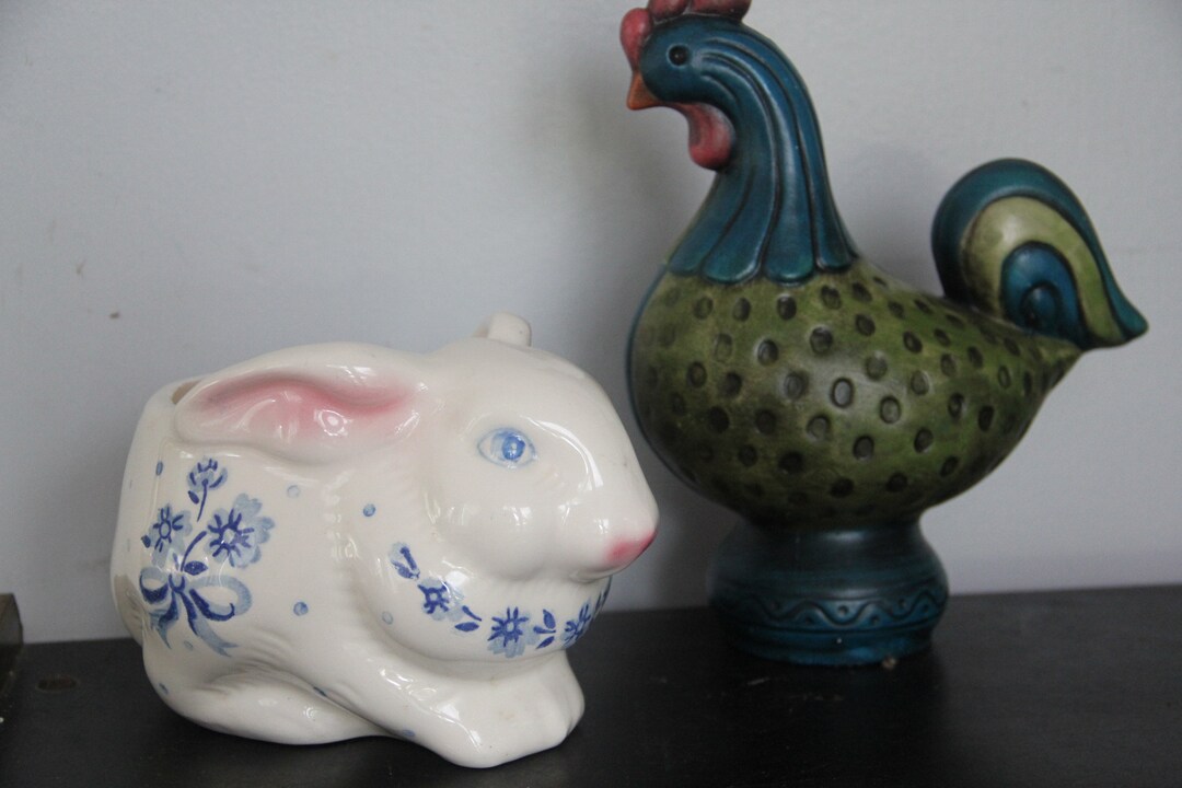 Vintage Rabbit Planter, Vintage Ceramic Rabbit Planter Blue & White ...