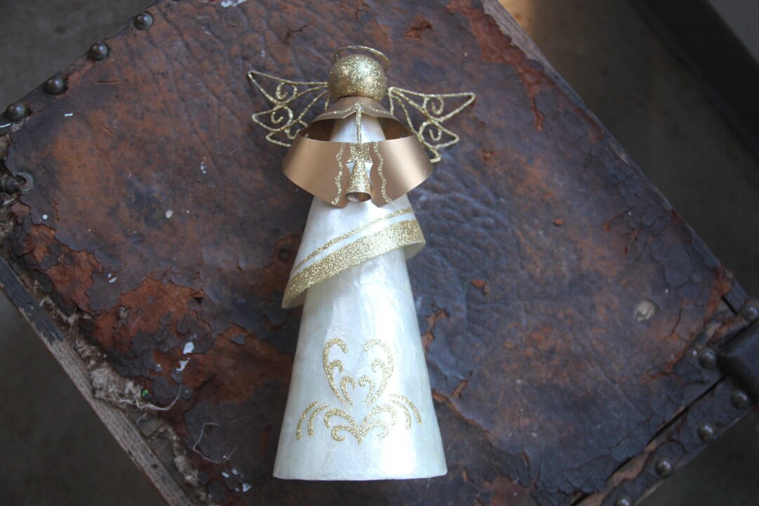 Vintage Capiz Shell ANGEL Christmas Tree Topper 10" , Gold Accents ...