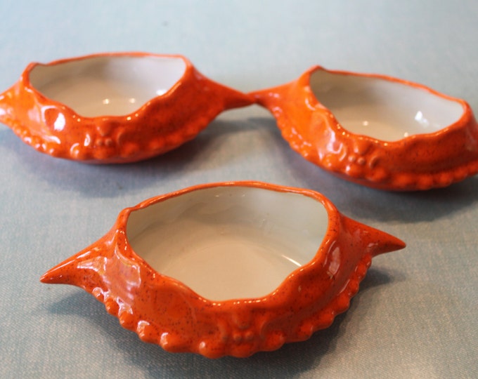 3 Vintage ORANGE Ceramic Crab Shell Serving Dishes Deviled/imperial ...