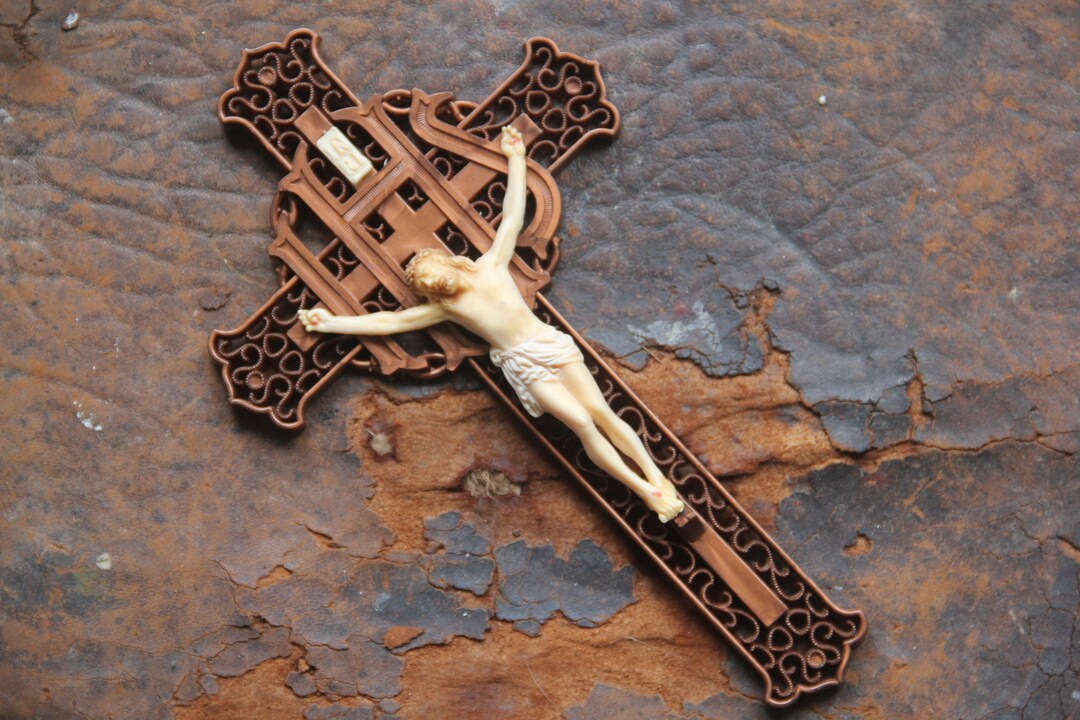 Vintage ORNATE Crucifix Bronze Jesus, Signed Back, Plastic Cross ...