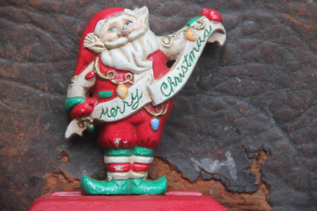 Vintage Hand Painted Cast Iron SANTA Stocking Holder, Santa Claus Hand ...