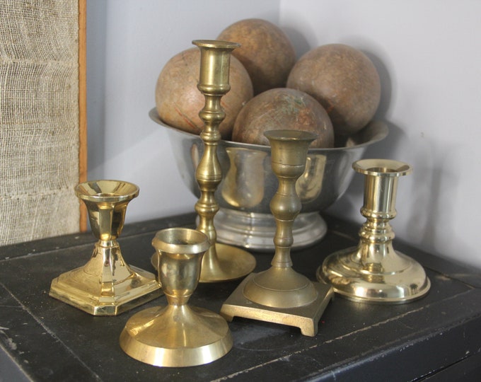 Vintage Brass Candlestick Collection, Set of 5 Mixed Candleholders ...