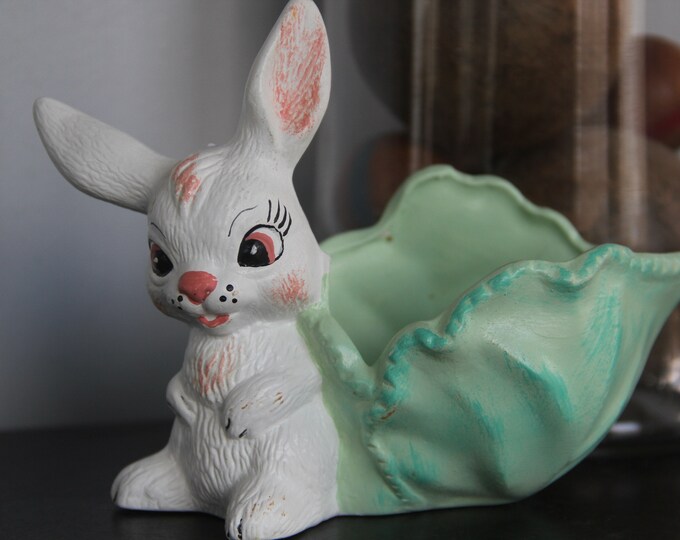 Vintage Rabbit Planter, Vintage Ceramic Rabbit Lettuce Leaf Planter ...