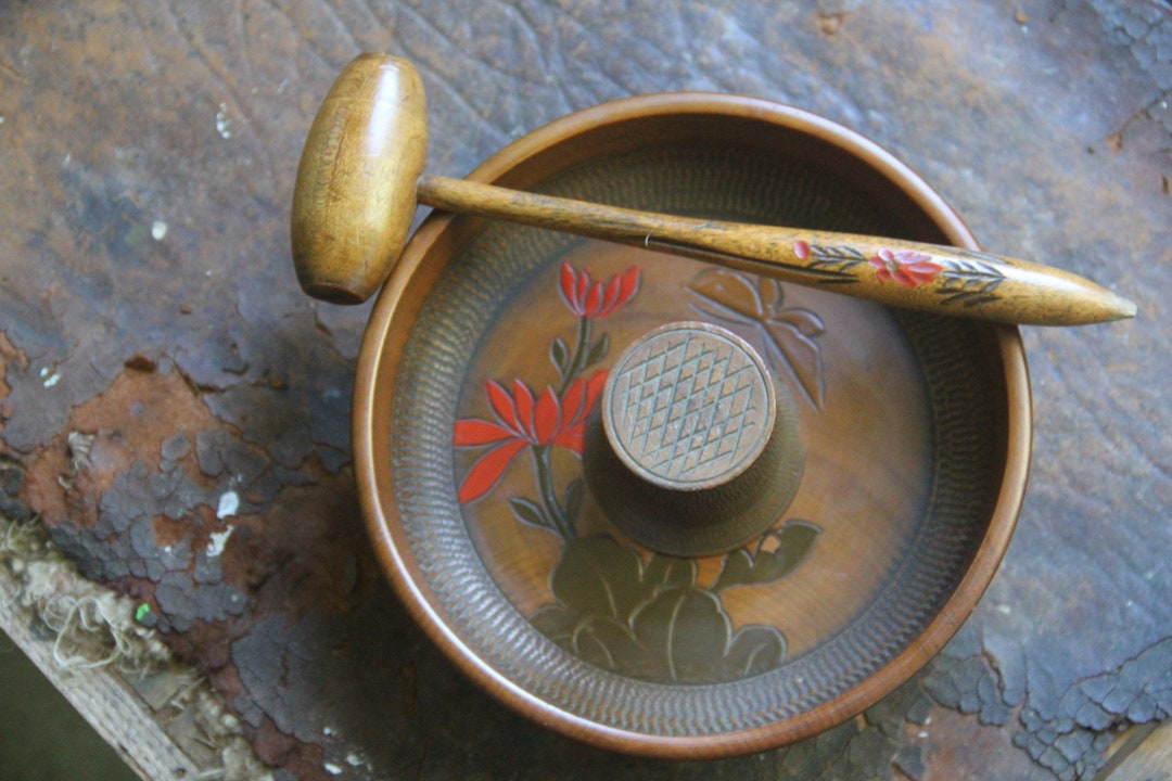 Hand Painted Carved Wood Nut Bowl With Mallet, Butterfly Floral Design ...