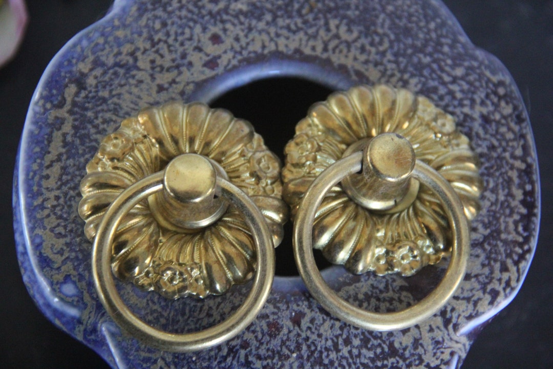 Pair of Ornate Antique/ Vintage Brass Knob, 2 Piece Knob, 4 Pair Available, Drawer Pulls, French ...