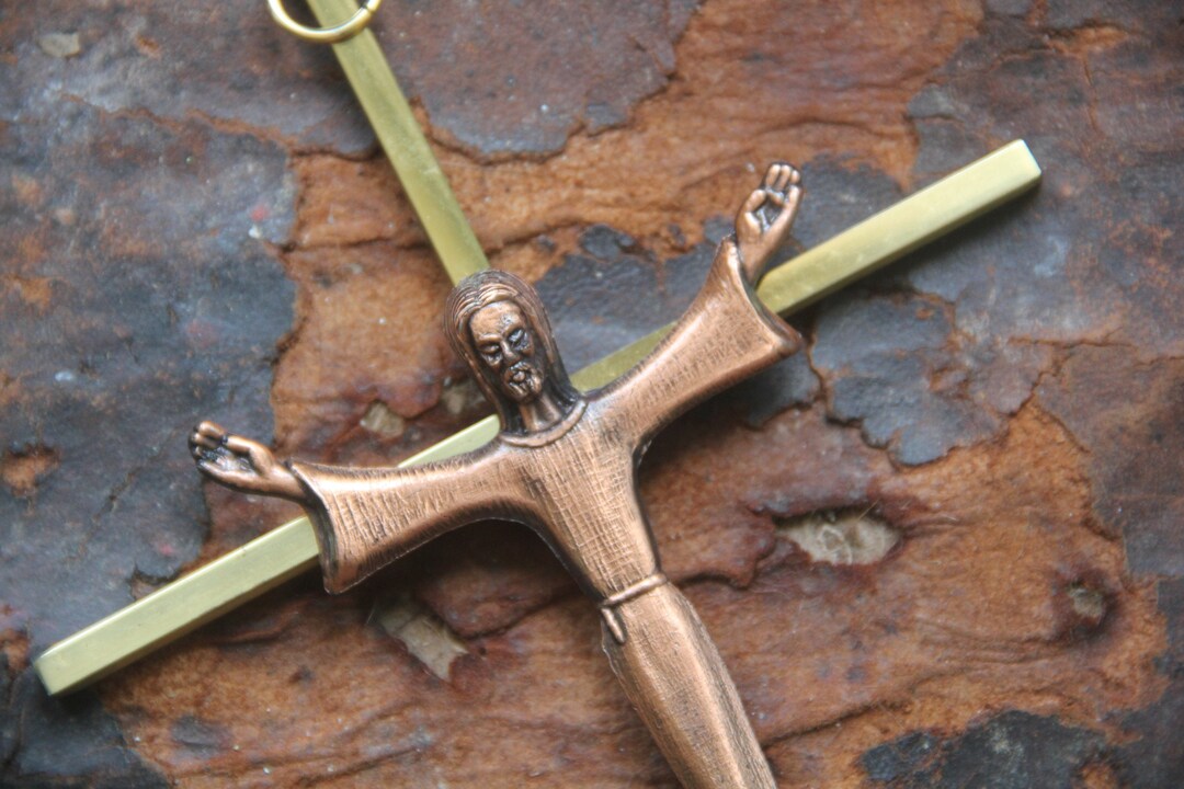 Vintage MCM Crucifix Copper Jesus, Gold Cross Wall Art, Mid Century ...