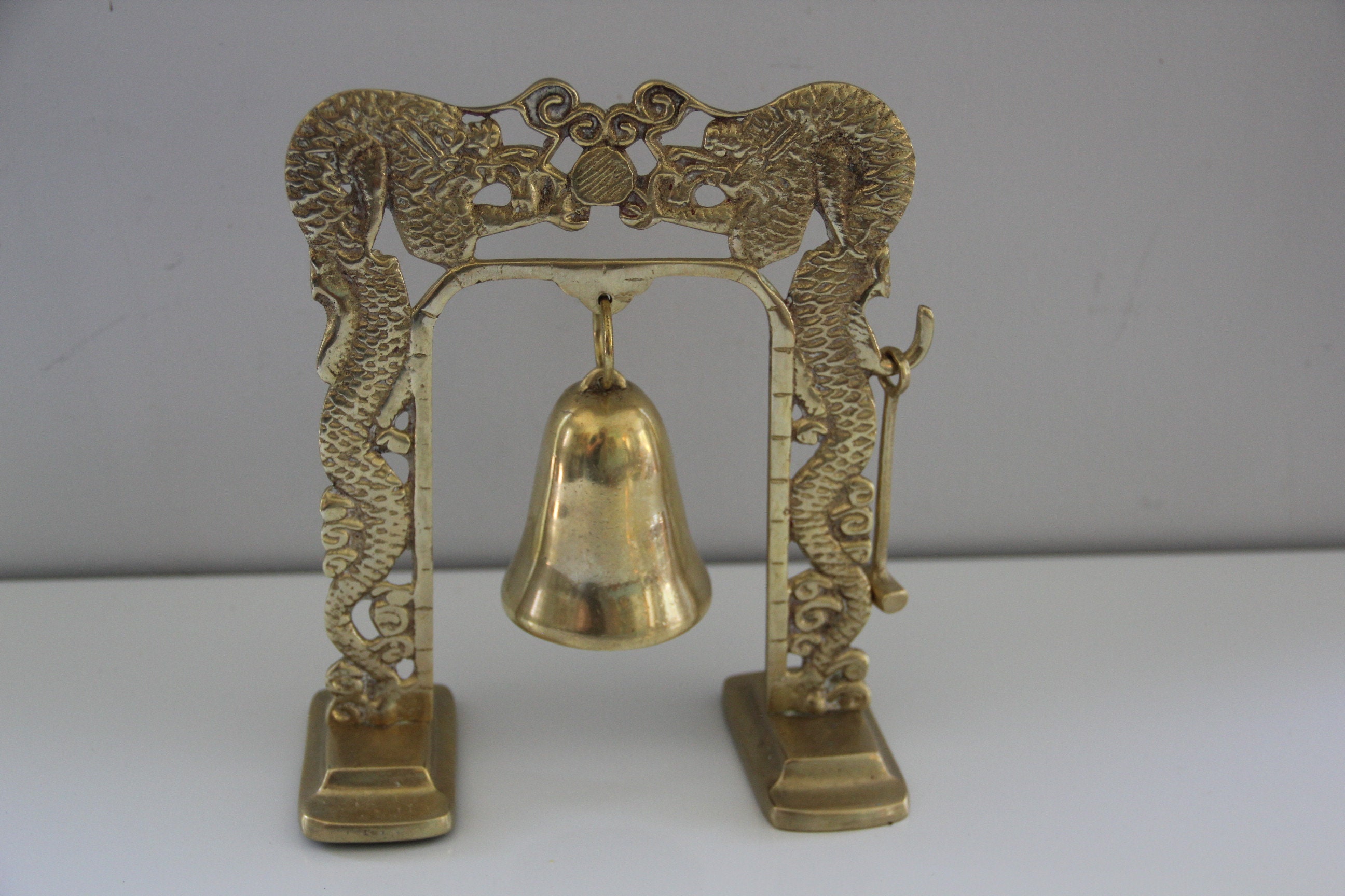 Vintage Asian Brass Dragon Bell With Striker, Etched Decor - Etsy