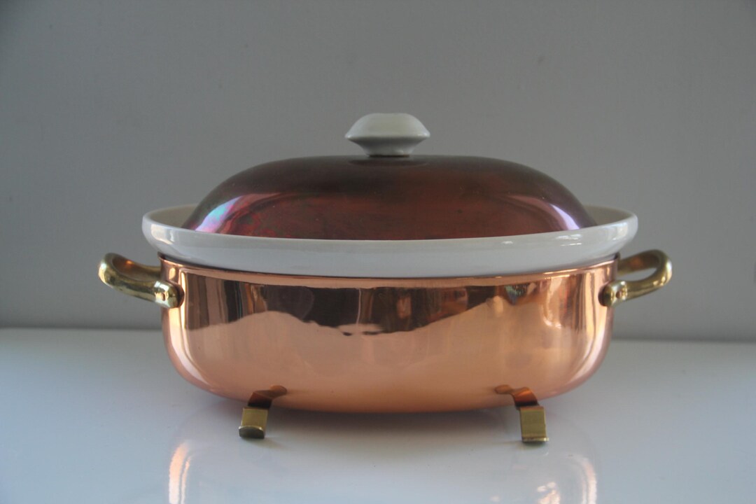 Vintage Copper Casserole Dish With Ceramic Insert and Brass Accents - Etsy