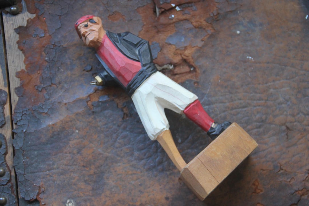 Vintage Wooden Peg Leg PIRATE Sculpture, Hook Hand, Handmade Carving ...