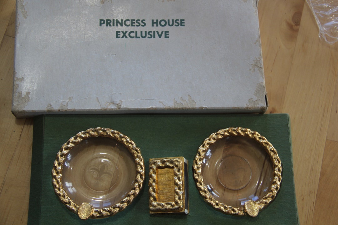 Vintage Princess House Ashtrays and Matchbox: Fleur De Lis Glass, Gold ...