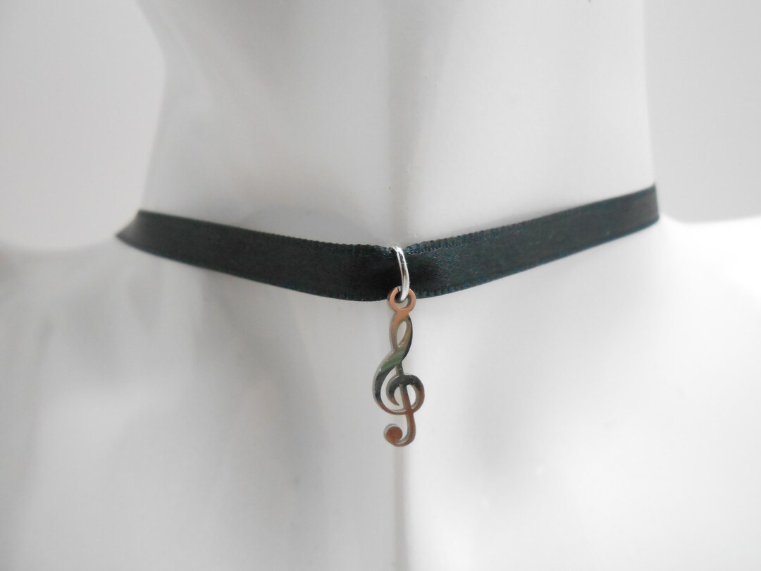 Black Satin and Stainless Steel Choker, Treble Clef Necklace, Music ...