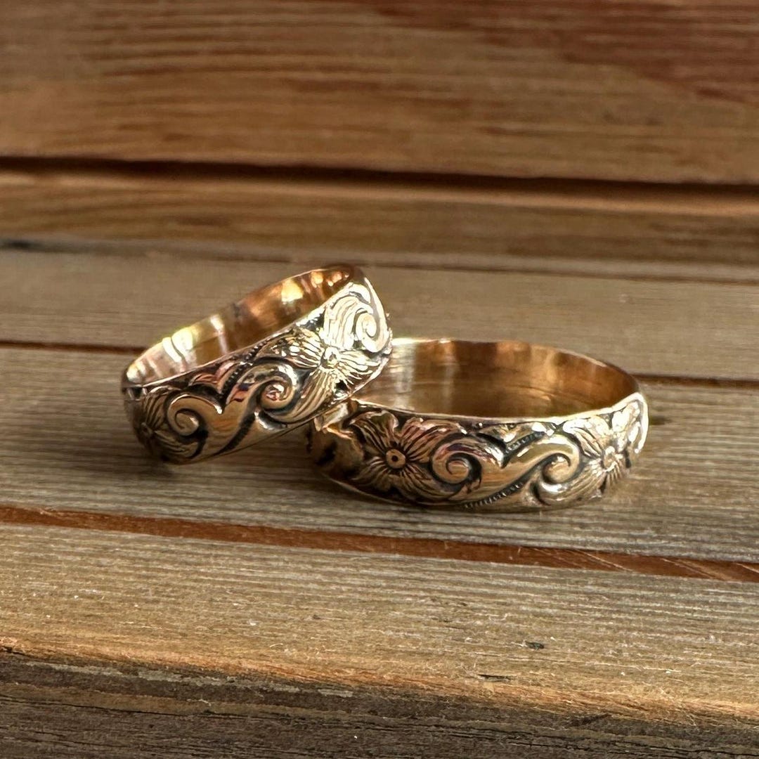 Gold Ocean Wave and Floral Ring, 6mm Gold Kai Ring, 14K Yellow Gold Fill Pattern Ring - Etsy