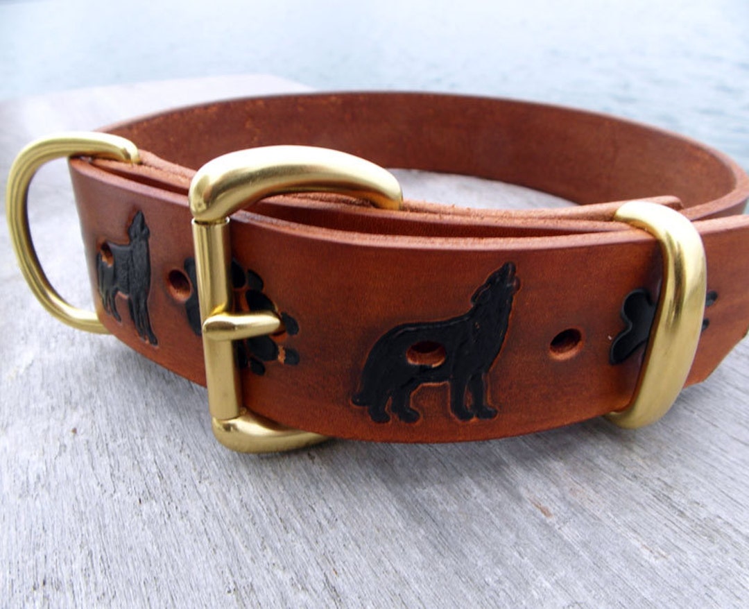 Leather Dog Collar With Howling Wolf - Etsy