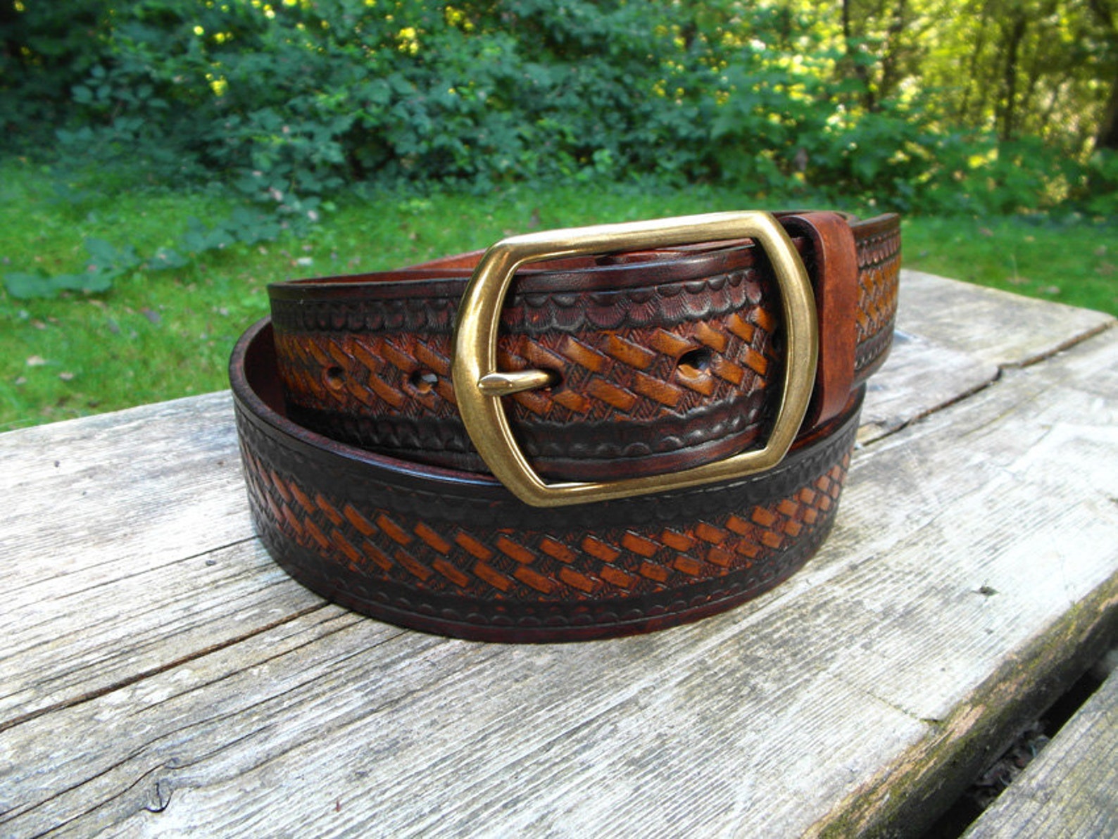 Leather Belt Engraved Leather Belt Embossed Basket Weave - Etsy