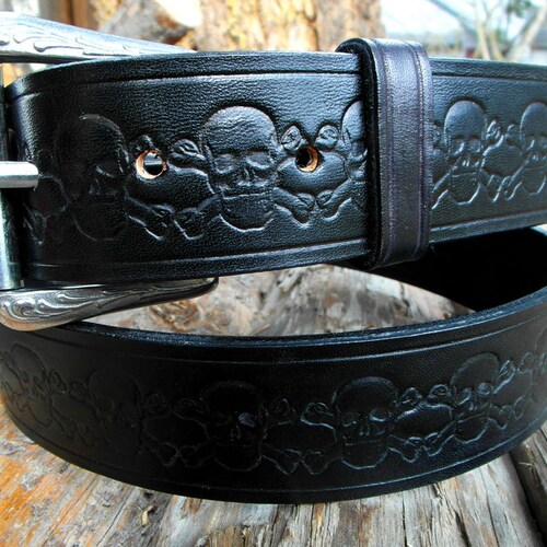Men's Black Leather Belt With Beige Skulls Belt With - Etsy