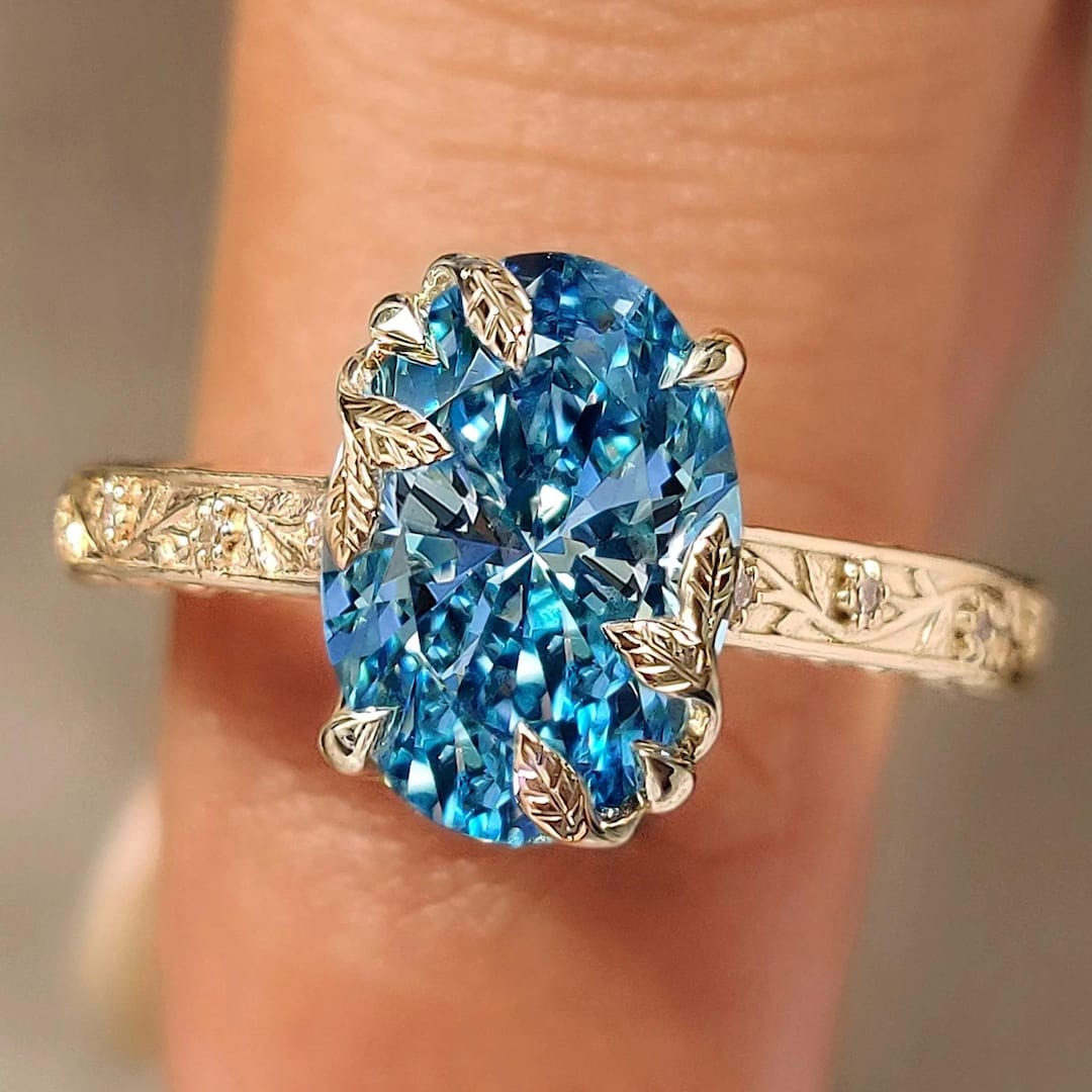 Blue Moissanite Leaf Prong Ring, Vintage Engraved Sterling Silver Band ...