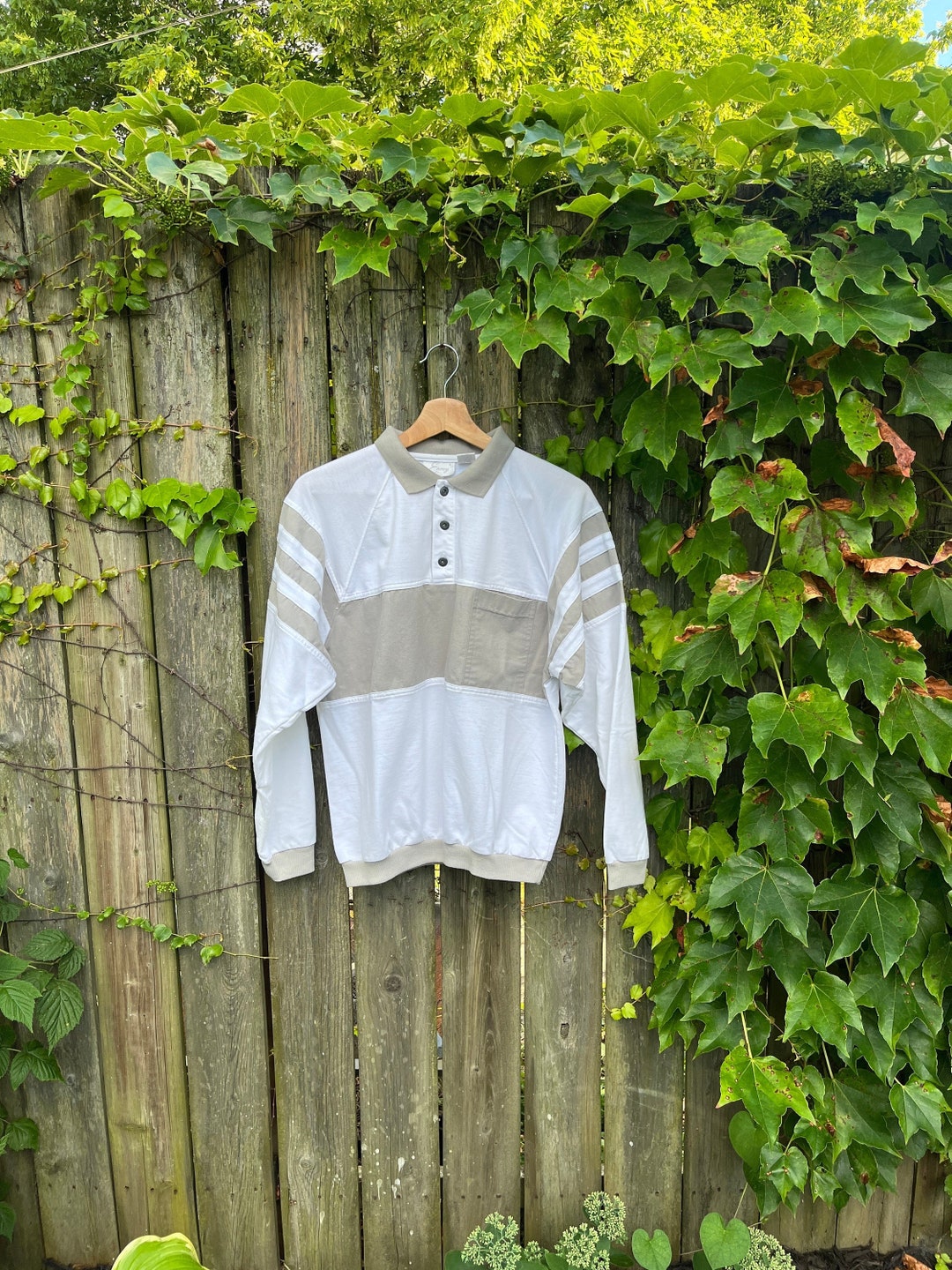 Vintage 80's/90's Envoy Gray and White Long Sleeve Polo Style Shirt ...