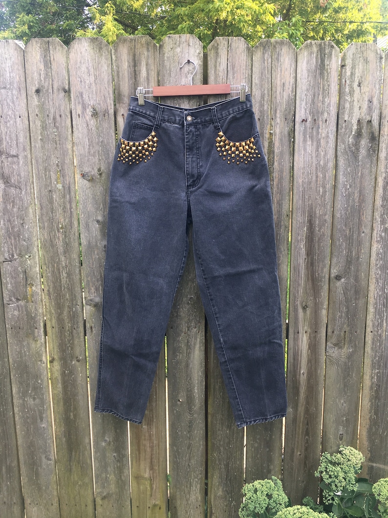 Vintage 80's Monique Jeans Gold Studded Front Pockets Black High Waist ...