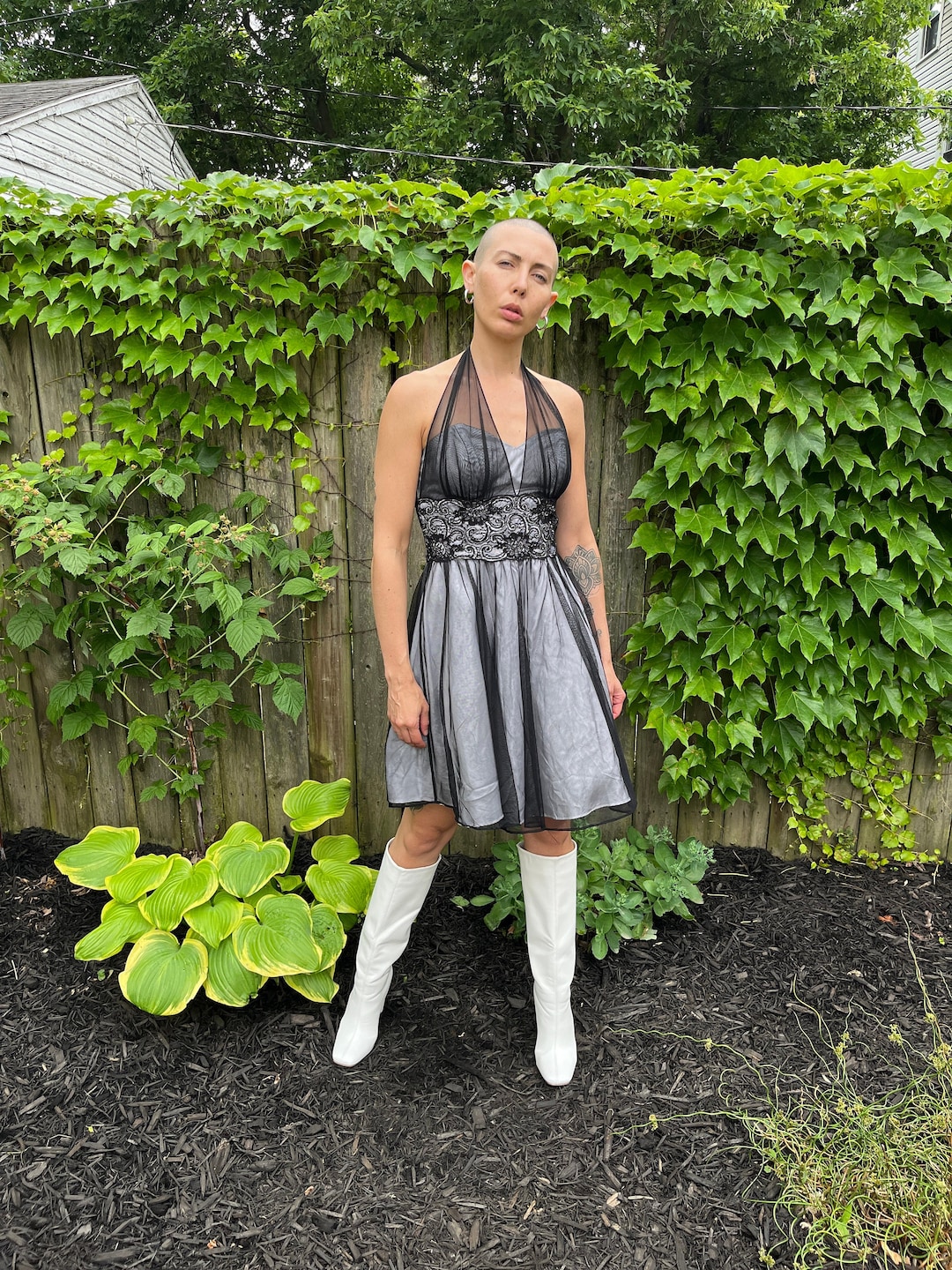 Vintage 80's Zum Zum by Niki Livas Black and Gray Sheer Halter Style ...