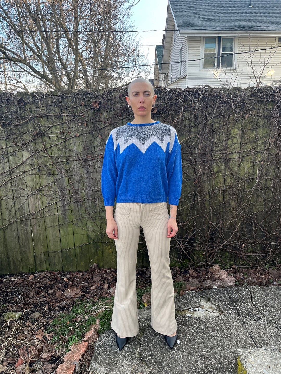 Vintage 80's Hot Connection Blue Gray and White Tri-blend Knit Sweater ...