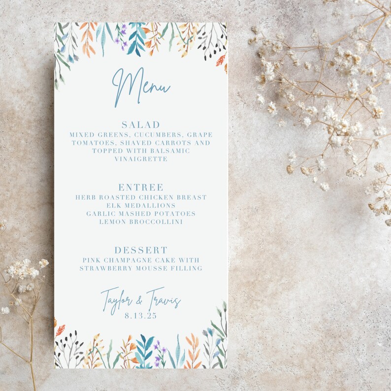 DOWNLOADABLE Wildflower Menu Card, Wedding Menu Card, Colorful Flower ...
