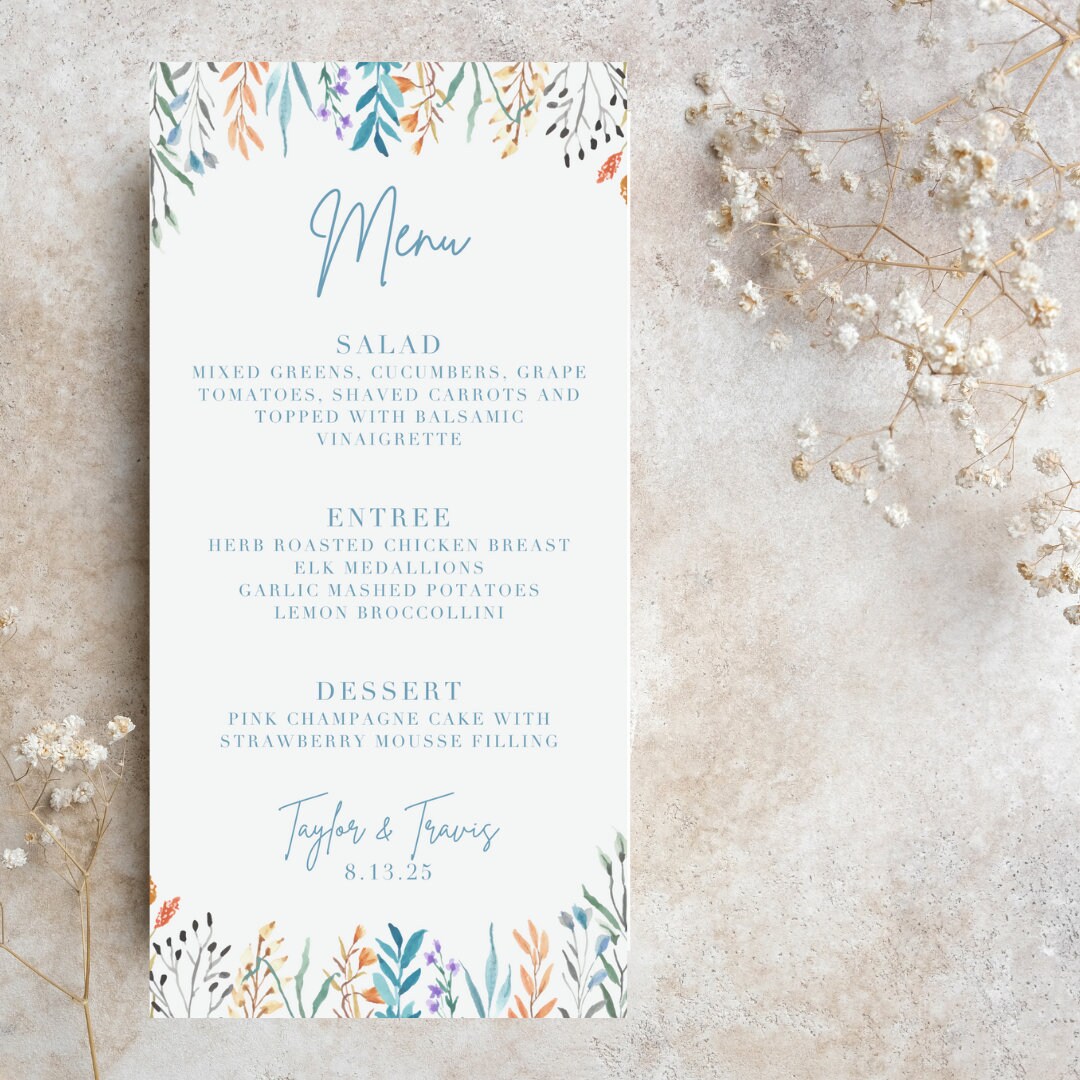 DOWNLOADABLE Wildflower Menu Card, Wedding Menu Card, Colorful Flower ...