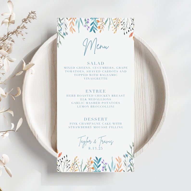 DOWNLOADABLE Wildflower Menu Card, Wedding Menu Card, Colorful Flower ...