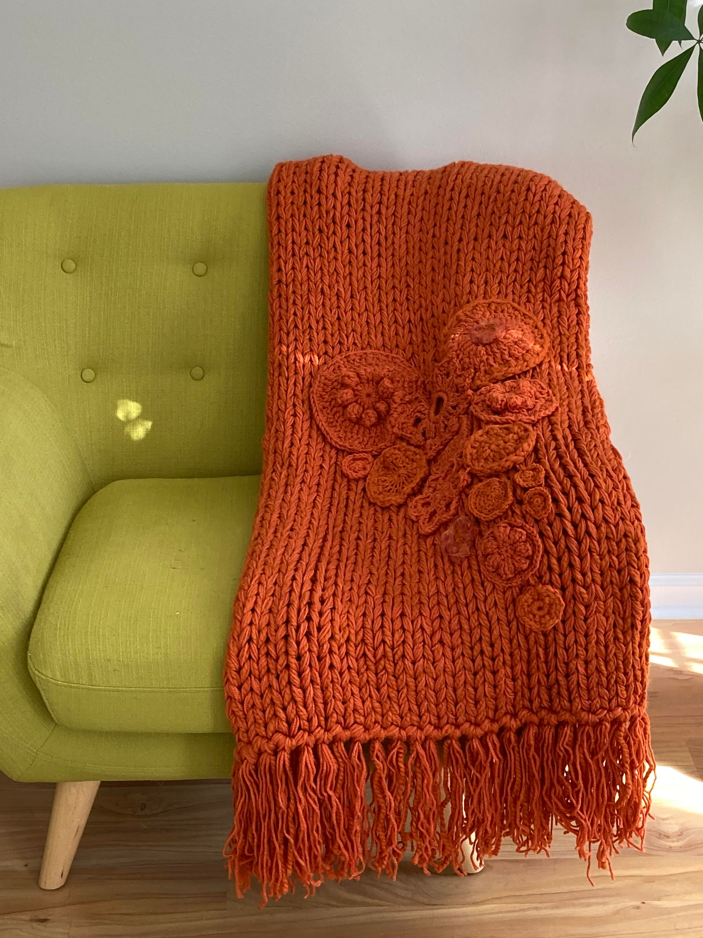 Handknitted Throw, Orange Blanket, Pumpkin Sofa Afghan, Chunky Throw ...