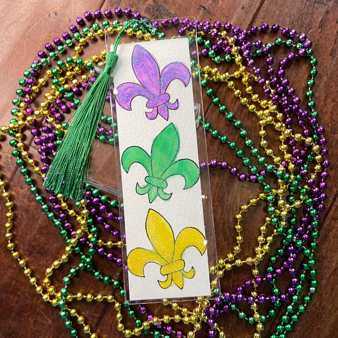 Fleur De Lis Mardi Gras Hand Painted Glitter Bookmark Purple Green and ...