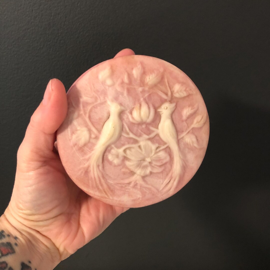 Vintage Soapstone Pink, Round Trinket/jewelry Box, With Carved Birds of ...