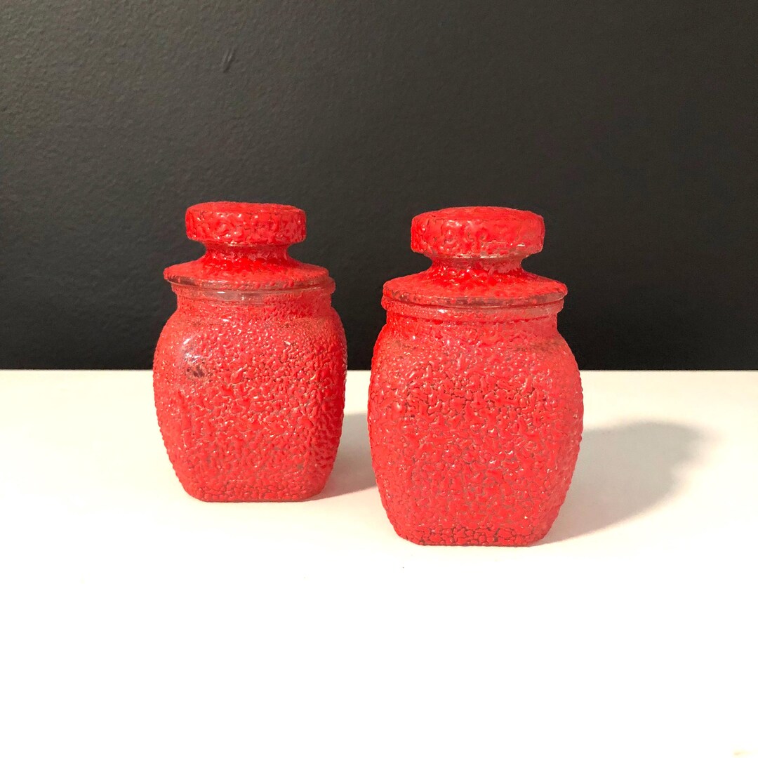 Set of Two Vintage Red Bubble Texture Glass Jars With Lids, Decorative ...