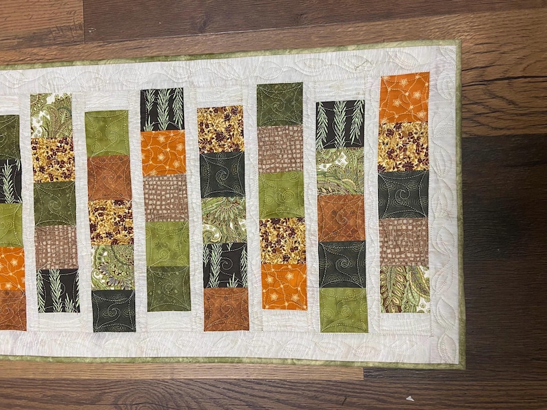 Modern Geometric Table Runner in Greens, Tan, Brown and Orange - Etsy