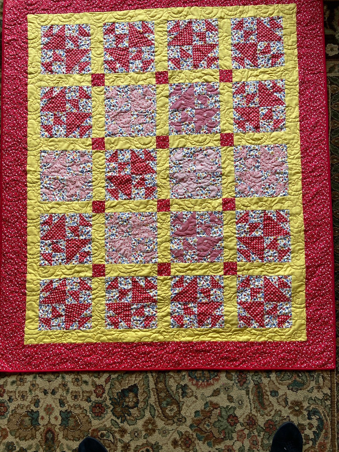 Red and Yellow Quilt With Vintage Blocks Quilt - Etsy