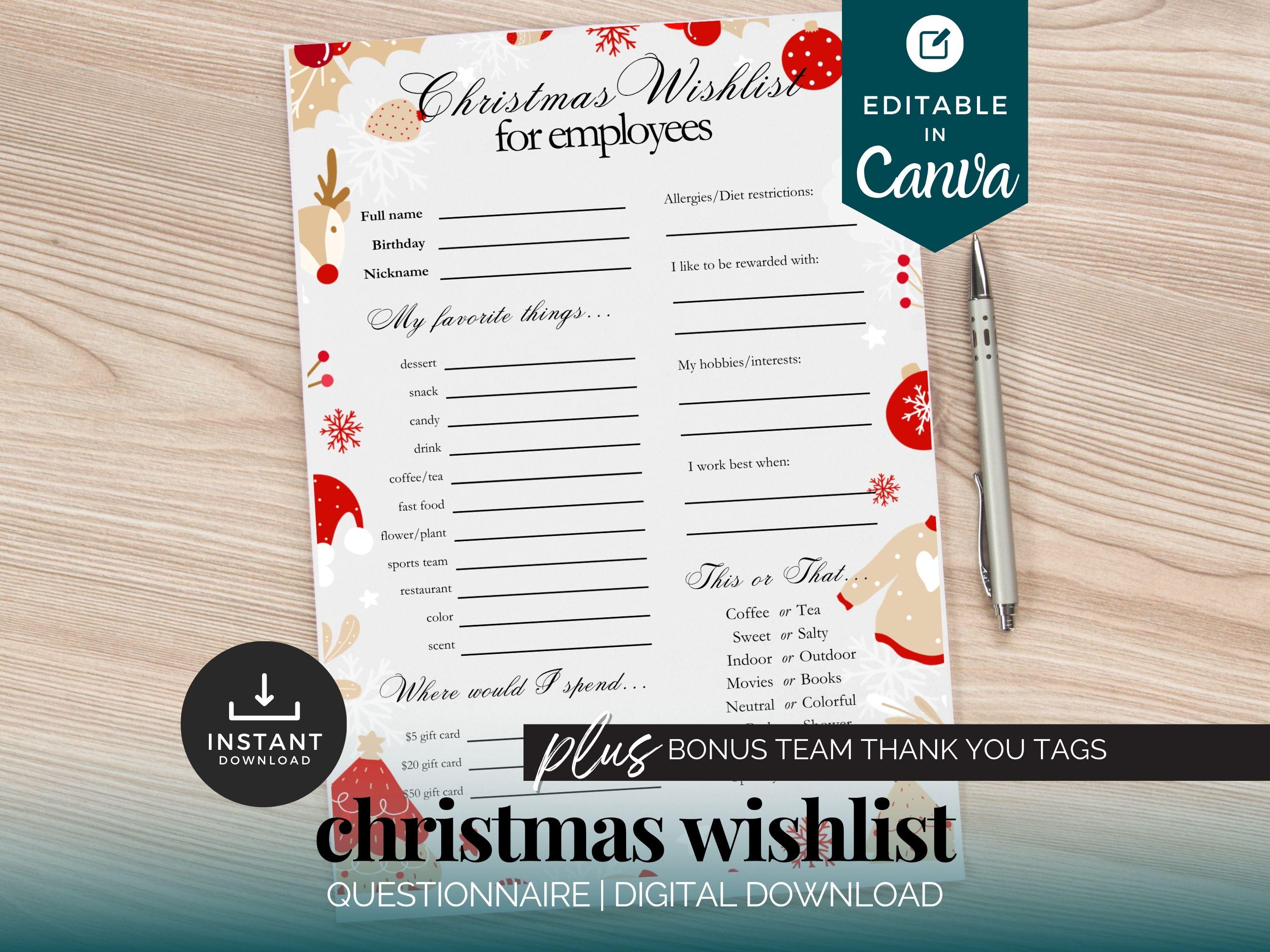 Christmas Wish List for Employee Appreciation Gifts, Printable Secret ...