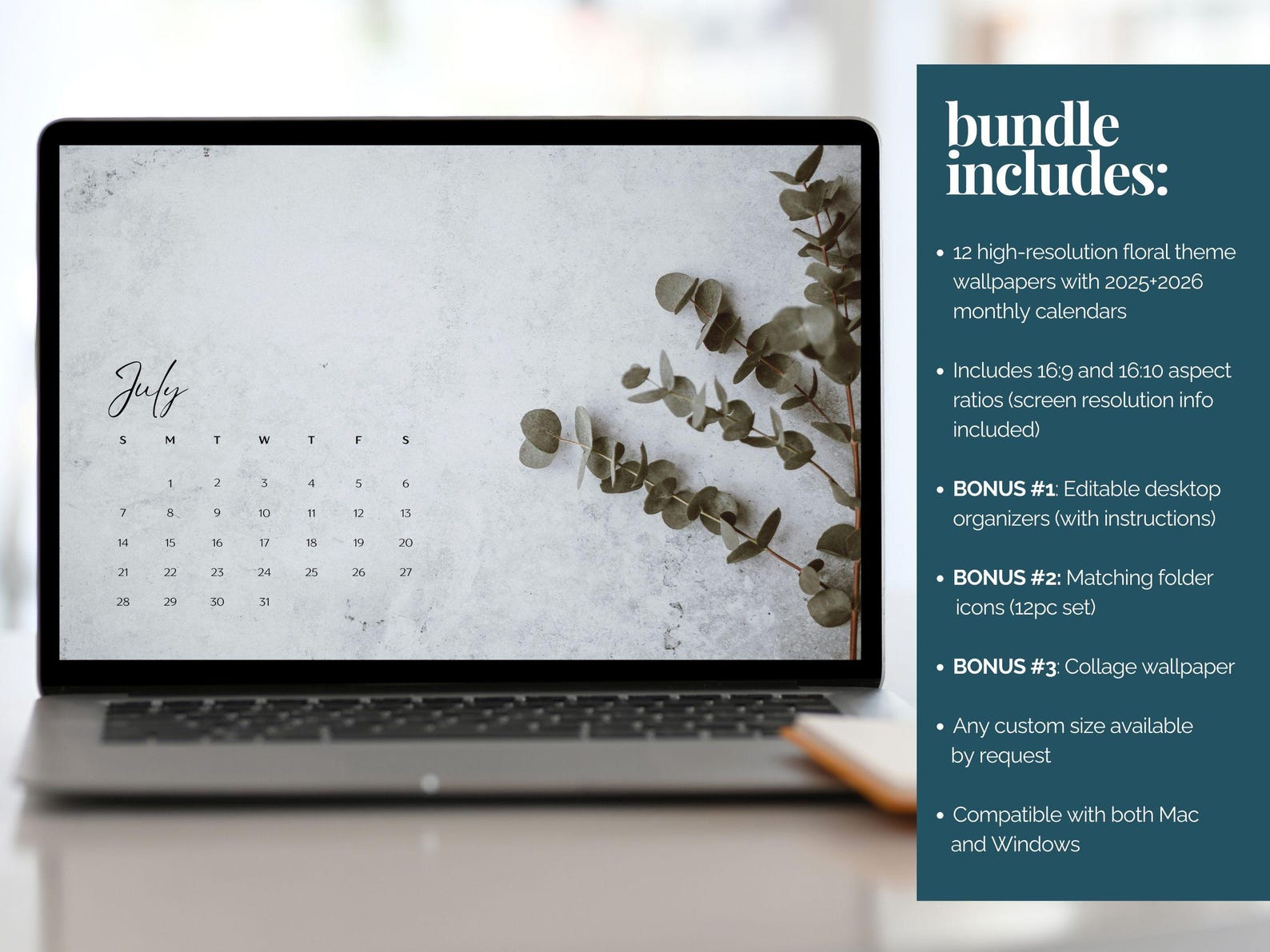 Floral Desktop Monthly Calendar 2026 Desktop Wallpaper and Icon Pack ...