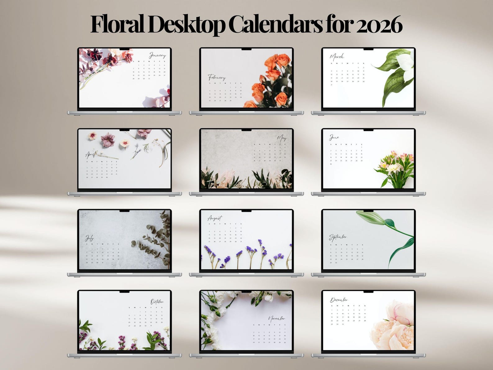 Floral Desktop Monthly Calendar 2026 Desktop Wallpaper and Icon Pack ...