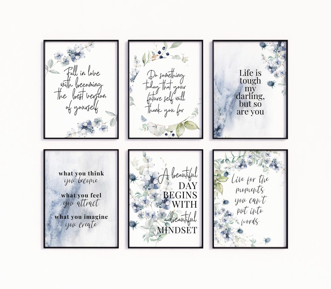 Blue Floral Inspirational Wall Art Set, Office Wall Decor Women, Light ...