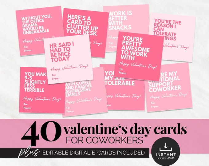 Pink Valentine Cards for Coworkers Printable Valentines Day Cards for ...